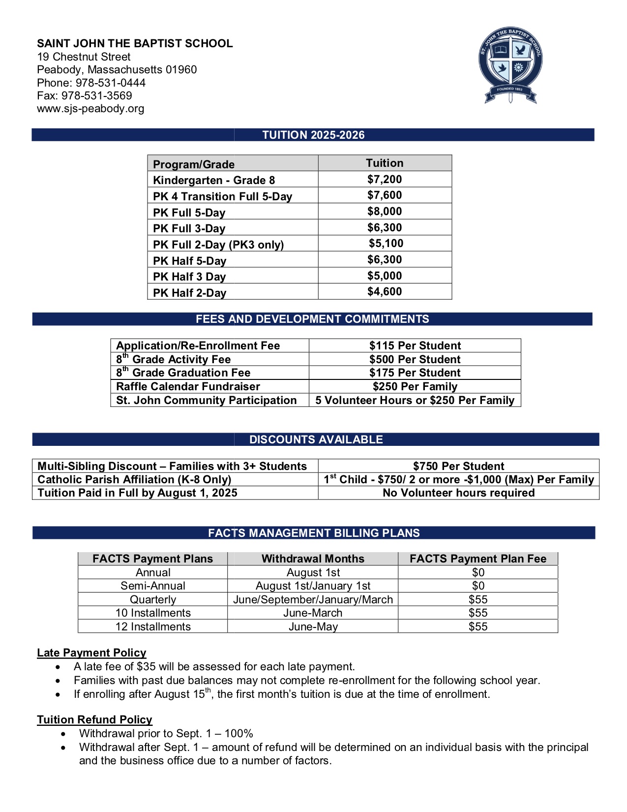 Tuition and Payment Schedule - St John the Baptist School